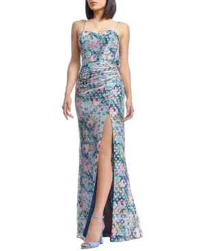 Dress The Population Drae Spaghetti Strap Floral Print Open Back High Slit Gown