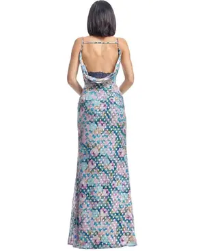 Dress The Population Drae Spaghetti Strap Floral Print Open Back High Slit Gown