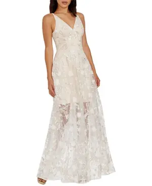 Dress The Population Sidney V-neck 3d Floral Sequin Sheer Overlay Gown