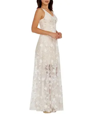 Dress The Population Sidney V-neck 3d Floral Sequin Sheer Overlay Gown
