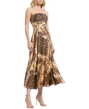 Dress The Population Miranda Strapless Sequin Bustier Leopard Print Midi Dress