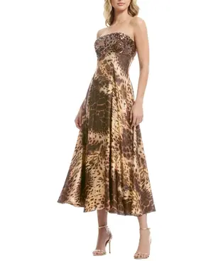 Dress The Population Miranda Strapless Sequin Bustier Leopard Print Midi Dress