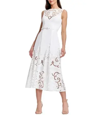Dress The Population Colton Sleeveless Eyelet Lace Belted Midi Dress
