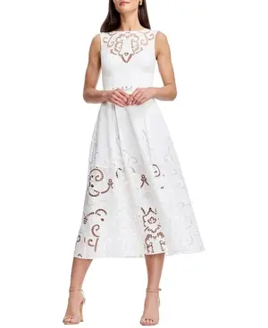 Dress The Population Colton Sleeveless Eyelet Lace Belted Midi Dress