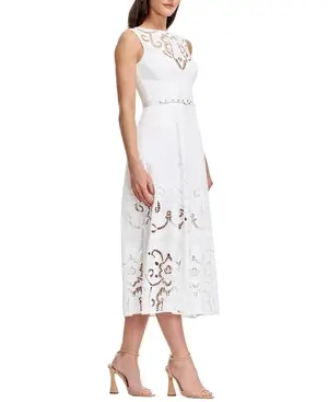 Dress The Population Colton Sleeveless Eyelet Lace Belted Midi Dress