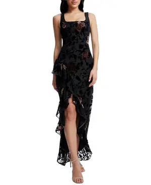 Dress The Population Charlene Square Neck Floral Velvet Ruffle Gown - Black Multi