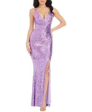 Dress The Population Jordan Plunge Neck Sequin High Slit Gown