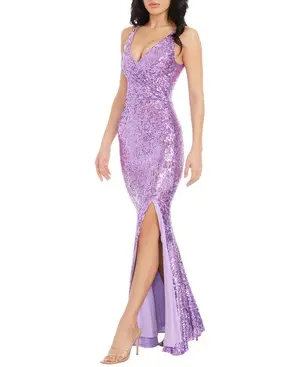 Dress The Population Jordan Plunge Neck Sequin High Slit Gown