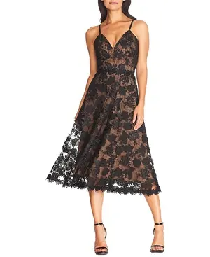 Dress The Population Tahani 3d Floral Lace V-neck Midi Dress - Black/nude
