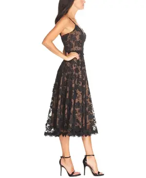 Dress The Population Tahani 3d Floral Lace V-neck Midi Dress - Black/nude
