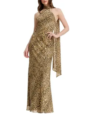 Dress The Population Halter Mock Neck Leopard Print Mermaid Gown