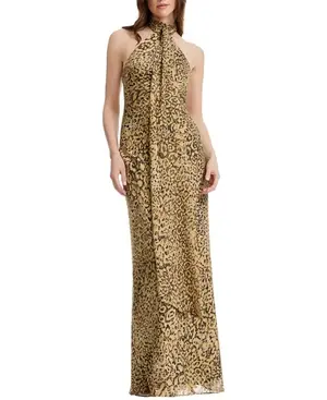 Dress The Population Halter Mock Neck Leopard Print Mermaid Gown