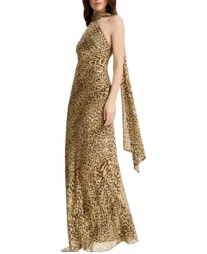 Dress The Population Halter Mock Neck Leopard Print Mermaid Gown