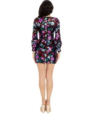 Dress The Population Elvie Long Sleeve Scoop Neck Floral Sequin Mini Dress