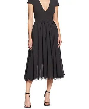 Dress The Population Corey Deep V-neck Lace Trim Midi Dress - Black