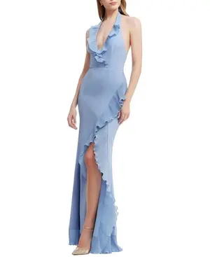 Dress The Population Kathleen Halter Plunge Ruffle Slit Gown - Sky