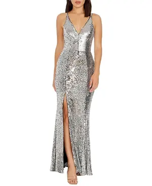 Dress The Population Iris V-neck Sequin High Slit Mermaid Gown - Silver