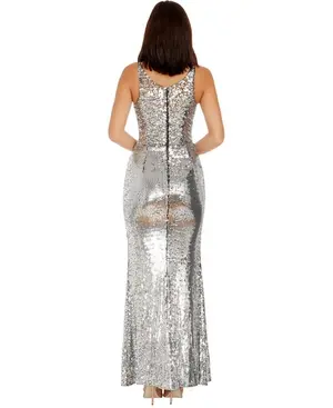 Dress The Population Iris V-neck Sequin High Slit Mermaid Gown - Silver