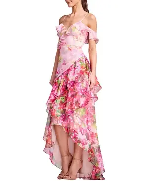 Dress The Population Lumi Spaghetti Strap Floral Print Cold Shoulder Ruffle Gown - Blush Multi