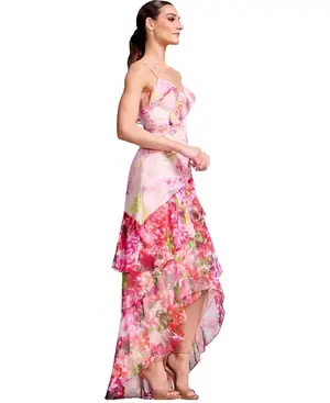 Dress The Population Lumi Spaghetti Strap Floral Print Cold Shoulder Ruffle Gown - Blush Multi