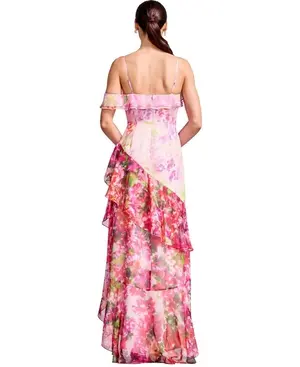 Dress The Population Lumi Spaghetti Strap Floral Print Cold Shoulder Ruffle Gown - Blush Multi