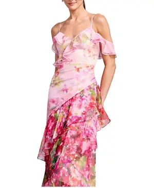 Dress The Population Lumi Spaghetti Strap Floral Print Cold Shoulder Ruffle Gown - Blush Multi