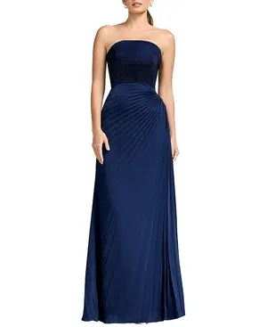 Dress The Population Kinley Strapless Pleated Satin Gown - Navy