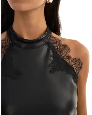 LAMARQUE Ginny Lace Trim Faux Leather Top - Black