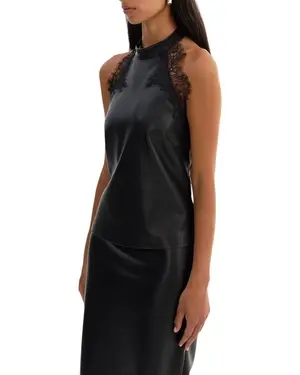 LAMARQUE Ginny Lace Trim Faux Leather Top - Black