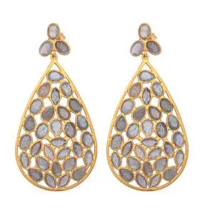 OPIUM JEWELS Grey / Gold Dew Drop Jali Earrings Labradorite