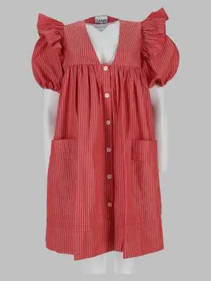 GANNI Striped Puff Sleeve Button Front Dress
