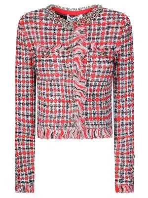SELF-PORTRAIT Check Frayed Knit Jacket