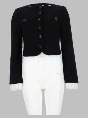 SELF-PORTRAIT Cropped Button-front Jacket With Fringe Trim - Black