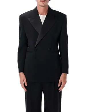 Saint Laurent Grain De Poudre Tuxedo Jacket With Satin Peak Lapels And Double-breasted Front - Nero
