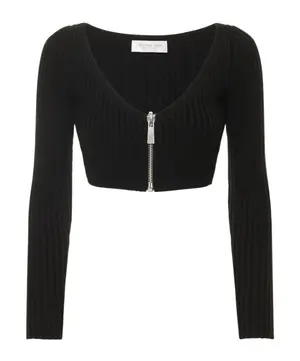 Michael Kors Wool Ribbed Knit Cropped Top With Zip