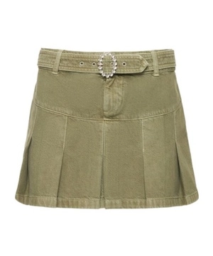 Alessandra Rich Pleated Denim Mini Skirt W/ Buckle - Gray