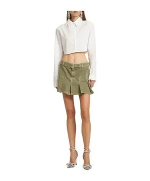 Alessandra Rich Pleated Denim Mini Skirt W/ Buckle