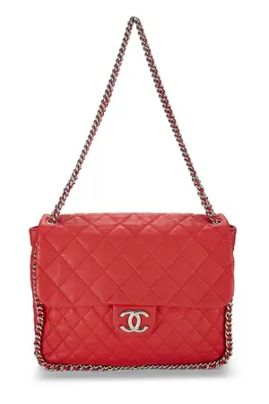 CHANEL Red Quilted Lambskin Chain Around Half Flap Maxi