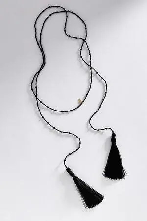 Anthropologie Wrap Tassel Beaded Lariat Necklace - Black