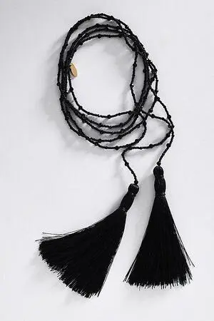 Anthropologie Wrap Tassel Beaded Lariat Necklace - Black