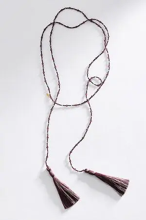 Anthropologie Wrap Tassel Beaded Lariat Necklace Mauve