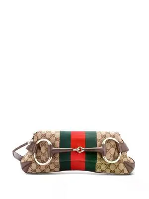 Gucci Horsebit Web Chain Clutch Gg Canvas Medium Shoulder Bag - Brown