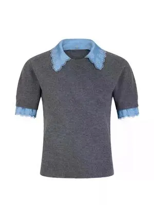 Rabanne Embroidered-satin-trim Short-sleeve Sweater - Grey