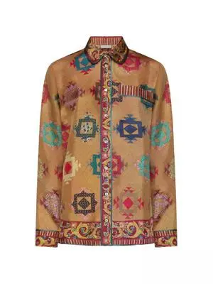 PIERRE-LOUIS MASCIA Aloe Geometric-print Silk Shirt - Neutrals