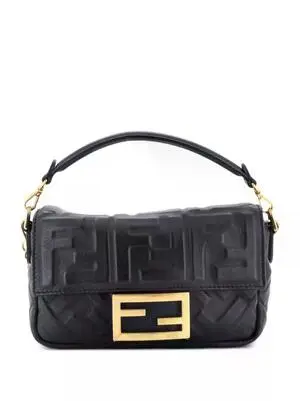 Fendi Baguette Nm Bag Zucca Embossed Leather Mini Cross Body Bag - Black
