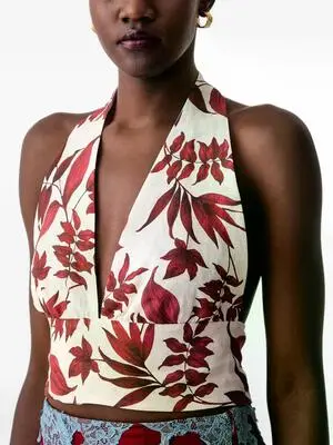 VICOLO Leaf-print Halterneck Crop Top