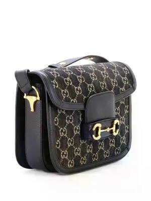 Gucci Horsebit 1955 Gg Denim Small Shoulder Bag - Black