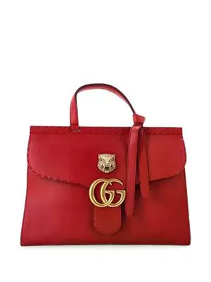 Gucci Gg Marmont Animalier Top Handle Bag Leather Medium Satchel - Red