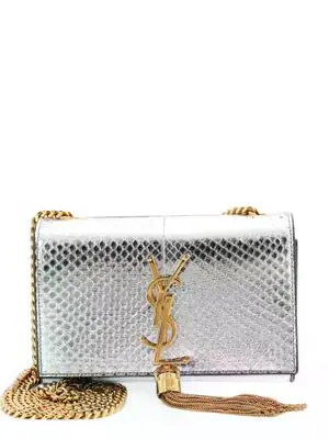 Saint Laurent Classic Monogram Tassel Python Embossed Leather Small Crossbody Bag - Grey