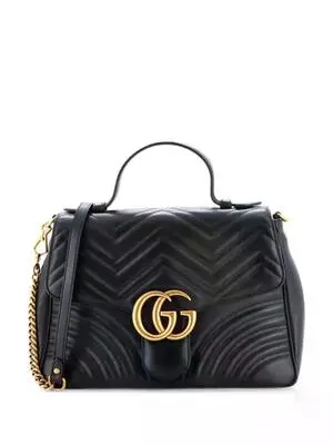 Gucci Gg Marmont Top Handle Flap Bag Matelasse Leather Medium Satchel - Black
